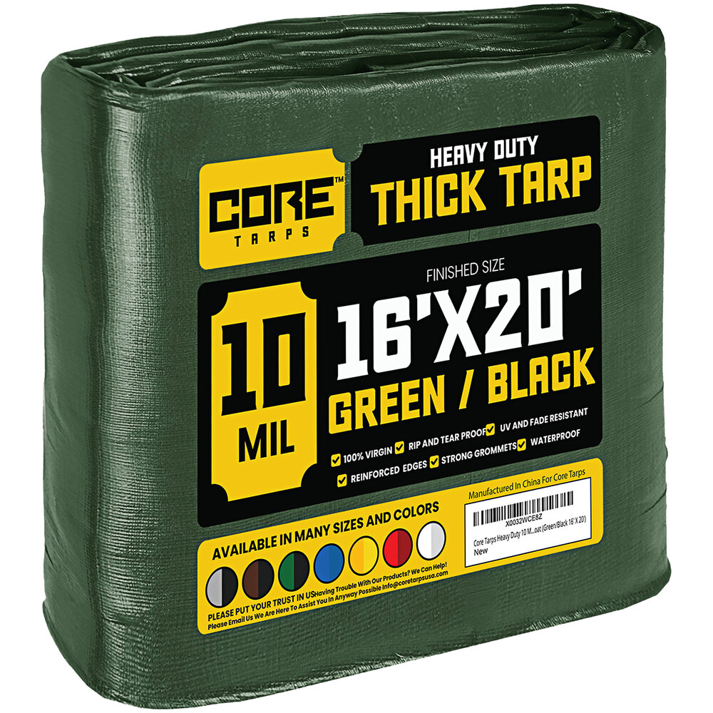 Core Tarps 16' x 20' Green / Black Heavy-Duty Weatherproof 10 Mil Poly ...