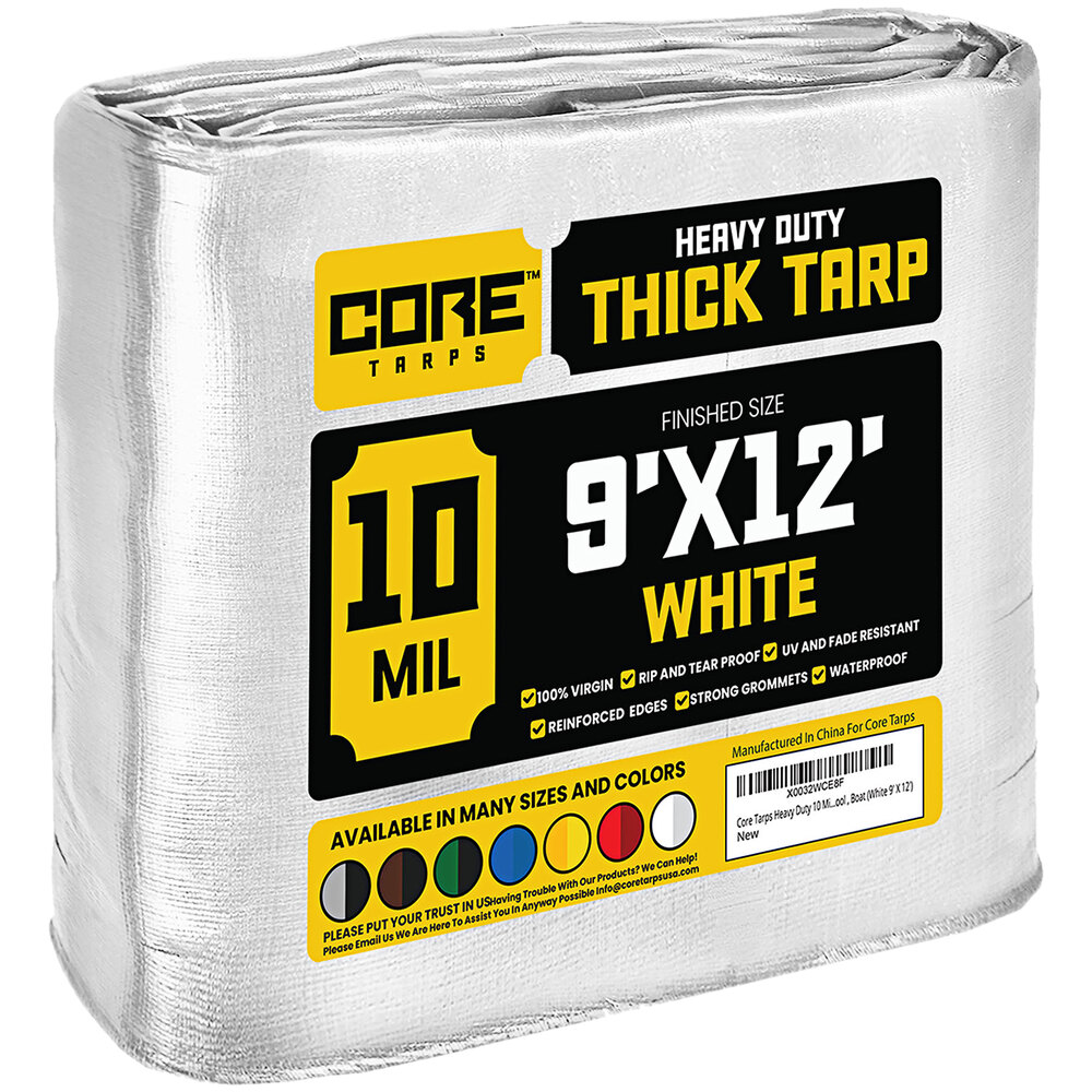 Core Tarps 9' x 12' White Heavy-Duty Weatherproof 10 Mil Poly Tarp with ...