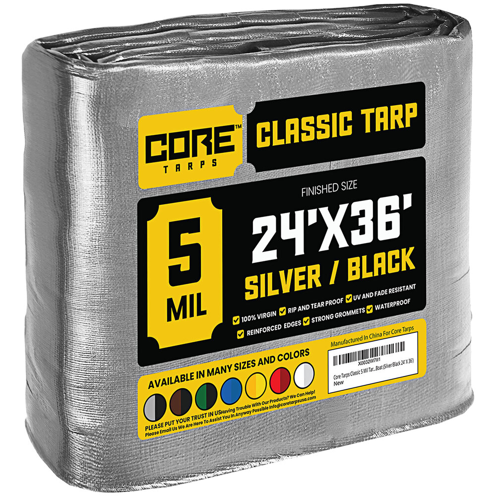 Core Tarps 24' x 36' Silver / Black Classic Weatherproof 5 Mil Poly ...