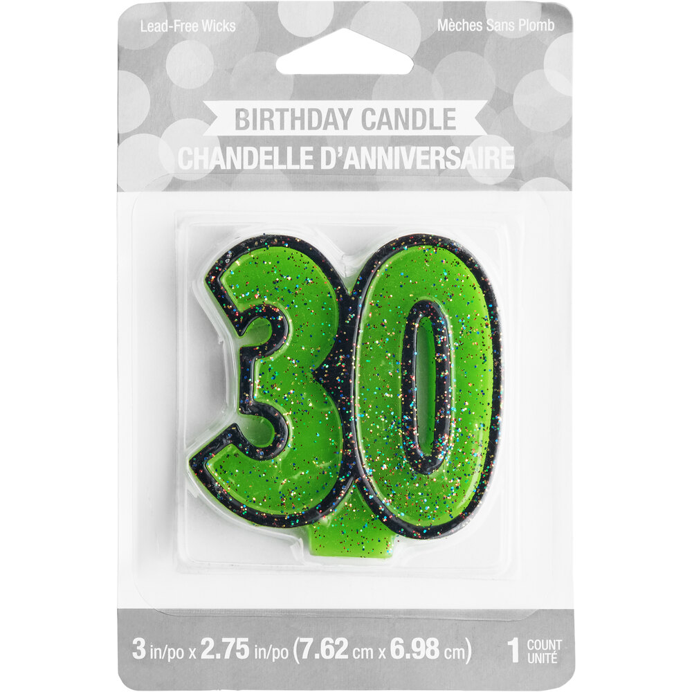 Creative Converting 101156 3 1/2" Green Glitter "30" Candle
