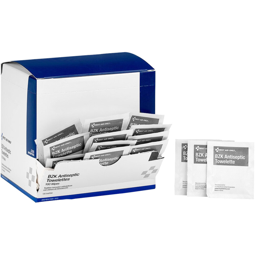 First Aid Only J308 BZK Antiseptic Wipe - 100/Box