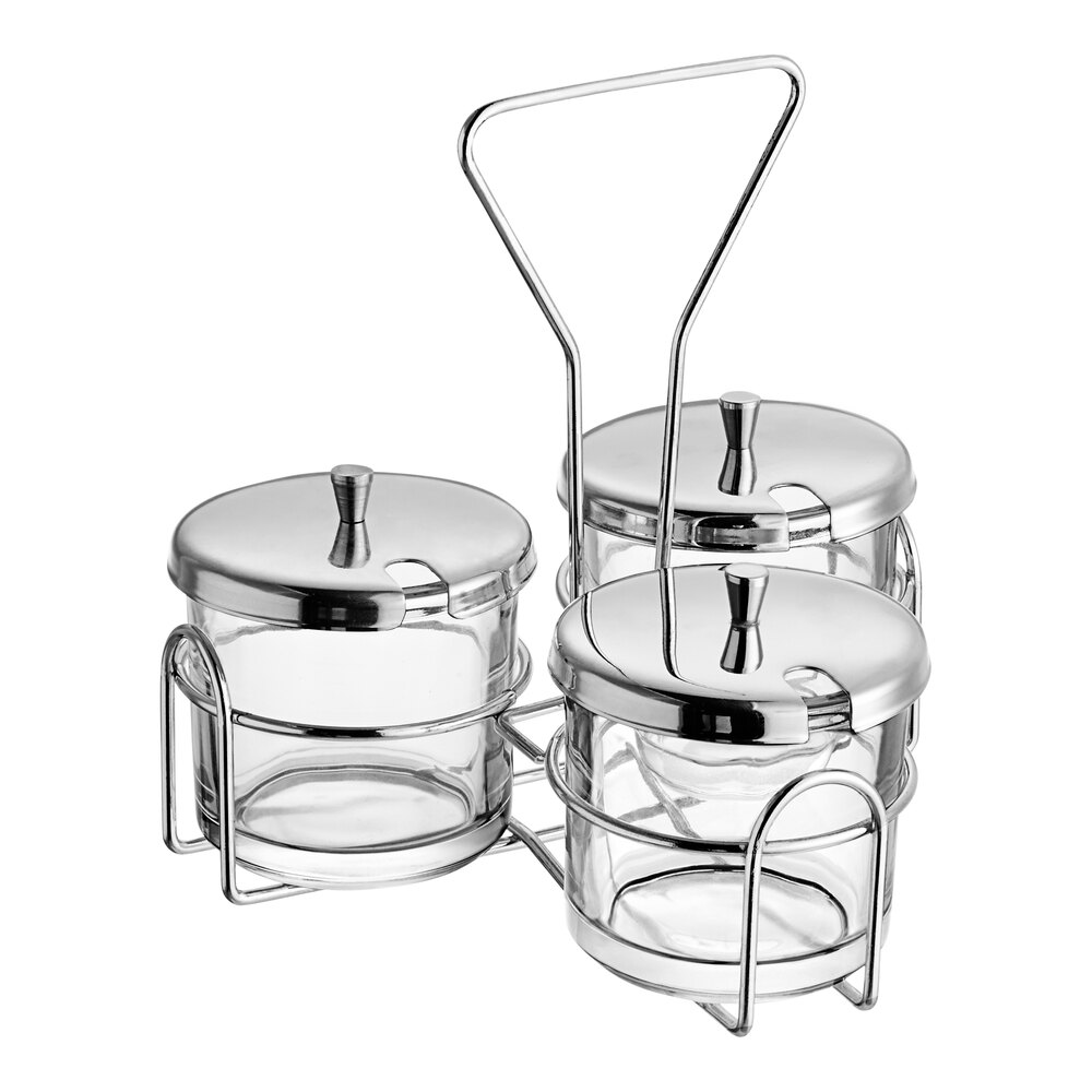 Choice 3-Compartment Wire Condiment Caddy with (3) 7 oz. Glass Jars and ...