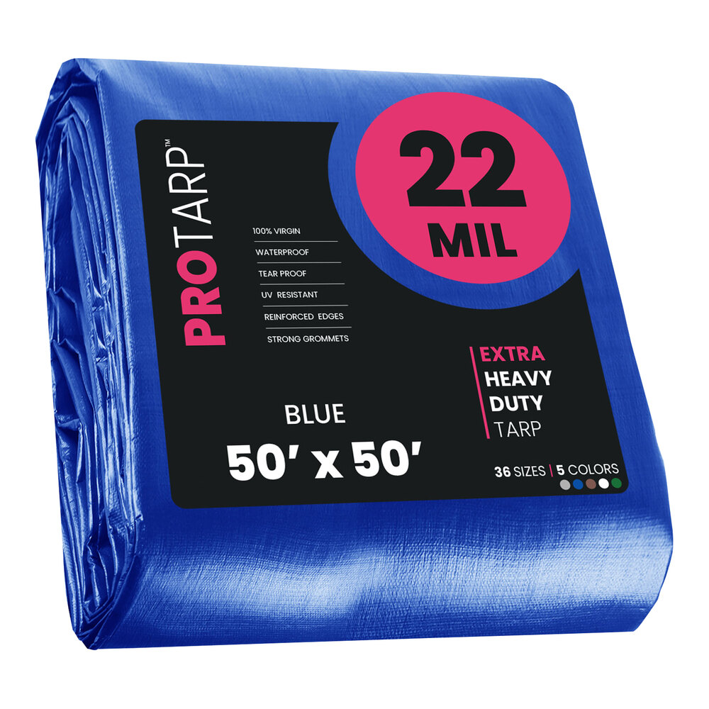 ProTarp 50' x 50' Blue Extreme Heavy-Duty Weatherproof 22 Mil Poly Tarp ...