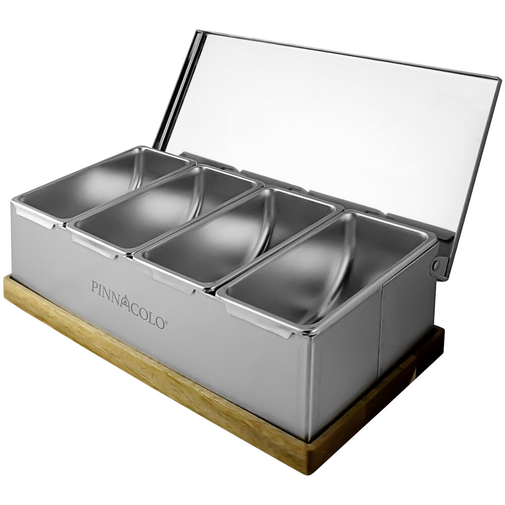 Pinnacolo 4-Compartment Condiment Bar with Wood Base and 2 Gel Packs