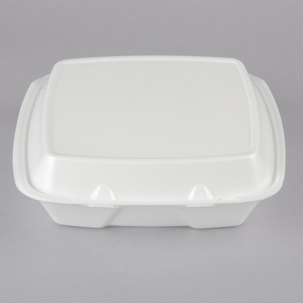 Dart 90HTPF3R 9" x 9" x 3" White Foam Three-Compartment Square Take Out Container with Hinged ...