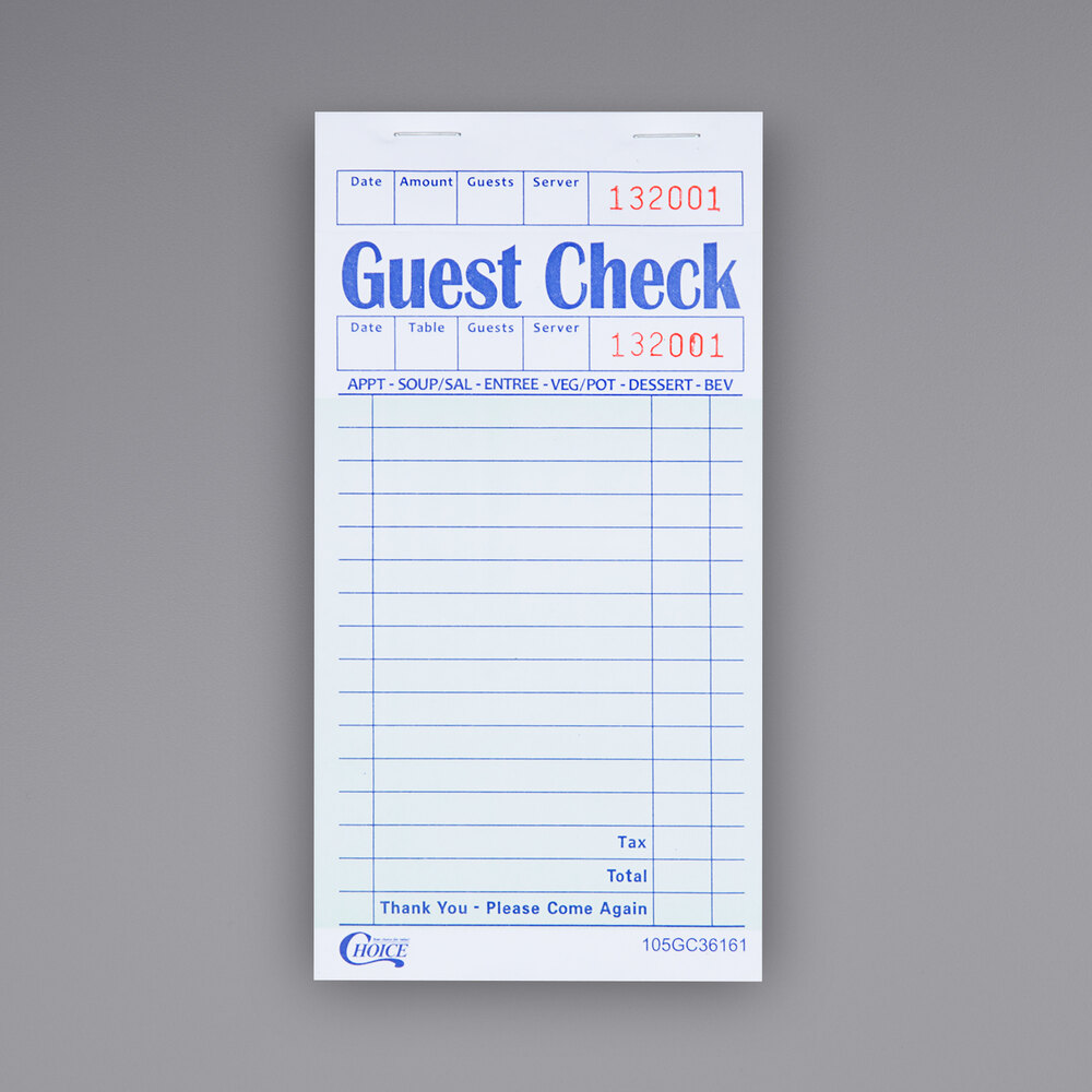 Choice 1 Part Green and White Guest Check with Top Guest Receipt - 50/Case