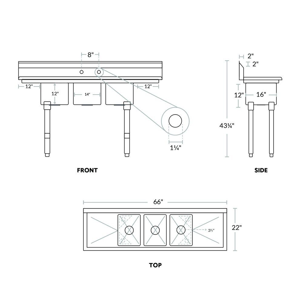 Steelton 66" 18 Gauge Stainless Steel Three Compartment Sink with 2 ...