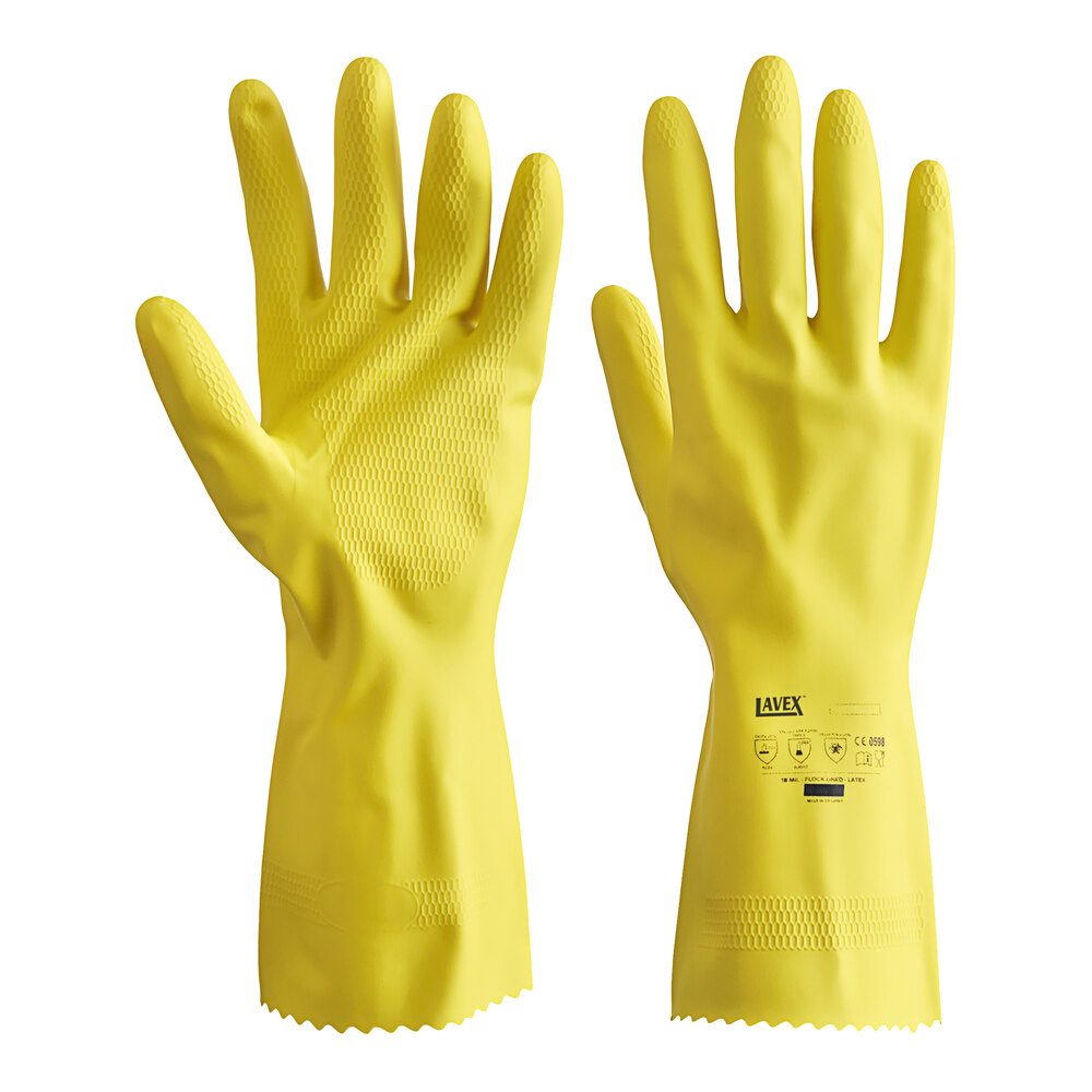 Lavex 12" Yellow 18 Mil Latex Rubber Gloves with Flock Lining - Medium ...