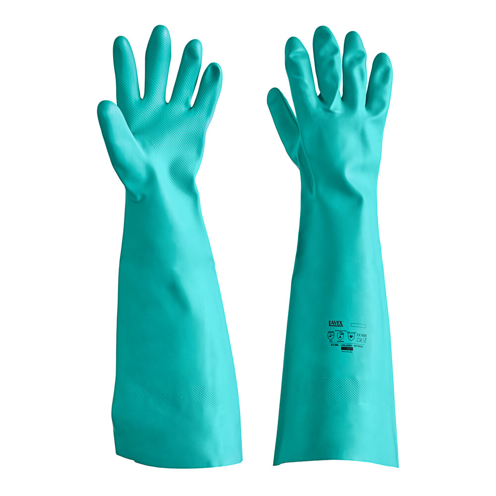 Lavex 18" Green 22 Mil Unlined Nitrile Gloves - Medium - Pair - 12/Pack