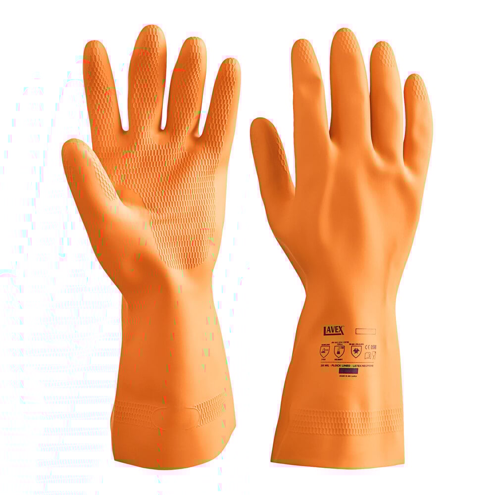 Lavex 12" Orange 28 Mil Neoprene / Latex Gloves with Flock Lining ...
