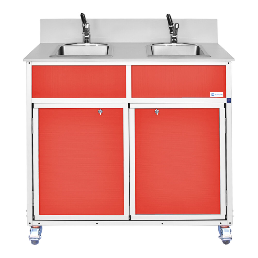 Monsam NS-002-RED Red Double Basin Portable Self-Contained Sink