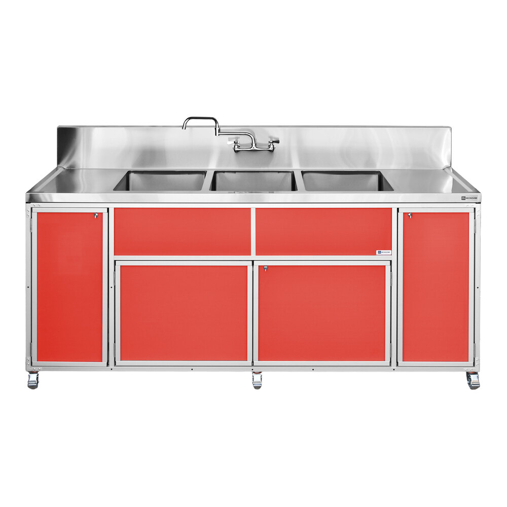 Monsam PSE-2003LA-RED Red Three Deep Basin Portable Commercial Sink ...