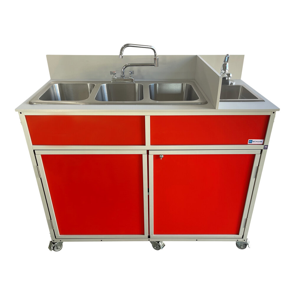 Monsam NS-004-RED Red Four Basin Portable Self-Contained Sink