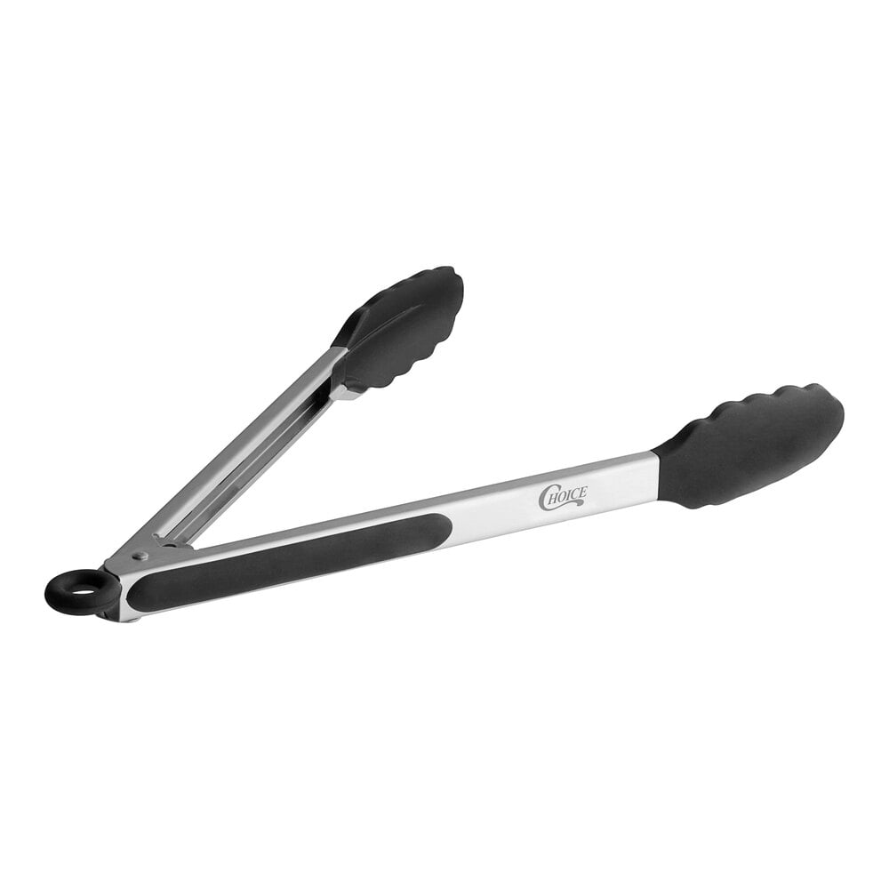 Choice 12" Silicone Tip Locking Tongs with Black Non-Slip Grip Handle