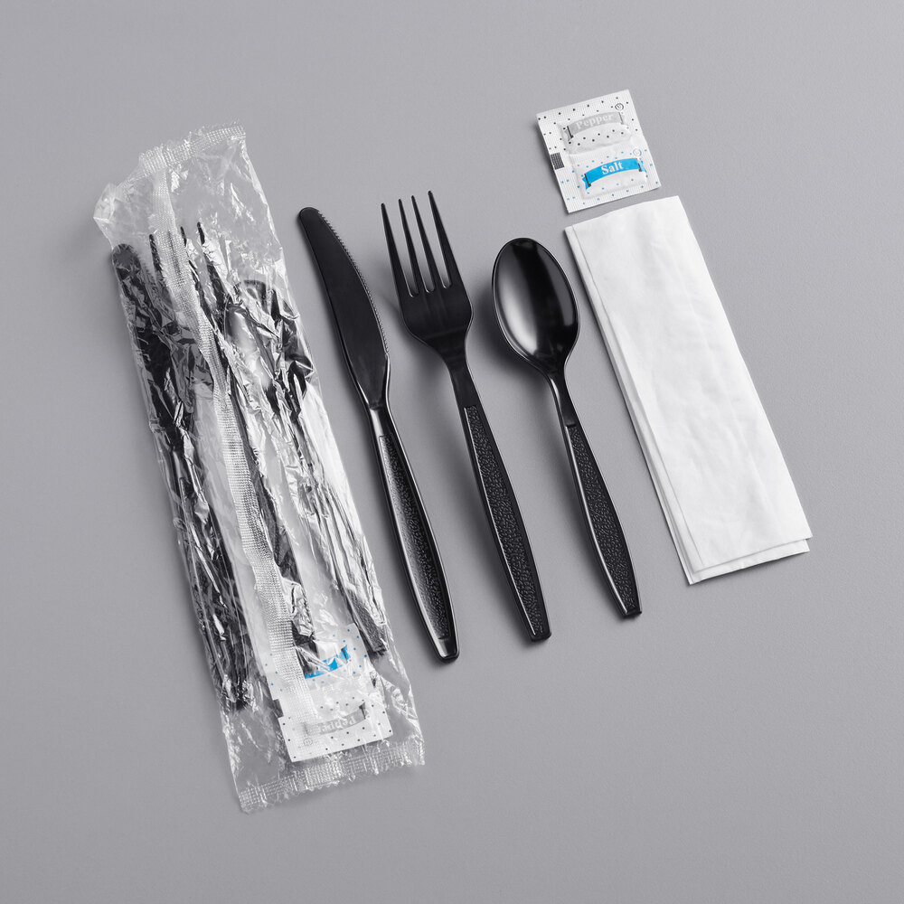 Choice Black Heavy Weight Wrapped Polystyrene Plastic Cutlery Pack with ...