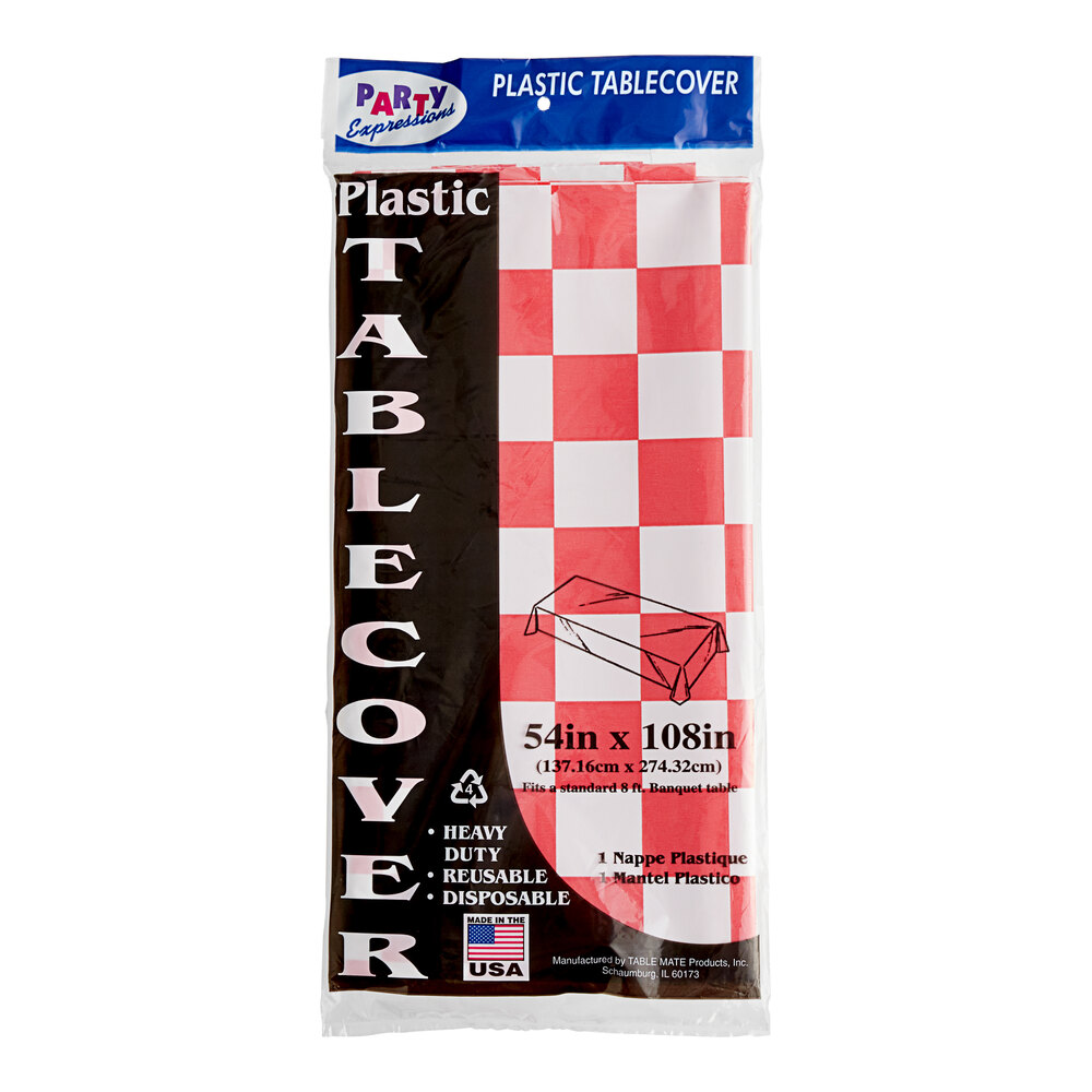 Table Mate 54" x 108" Red Checkered Plastic Table Cover - 24/Case
