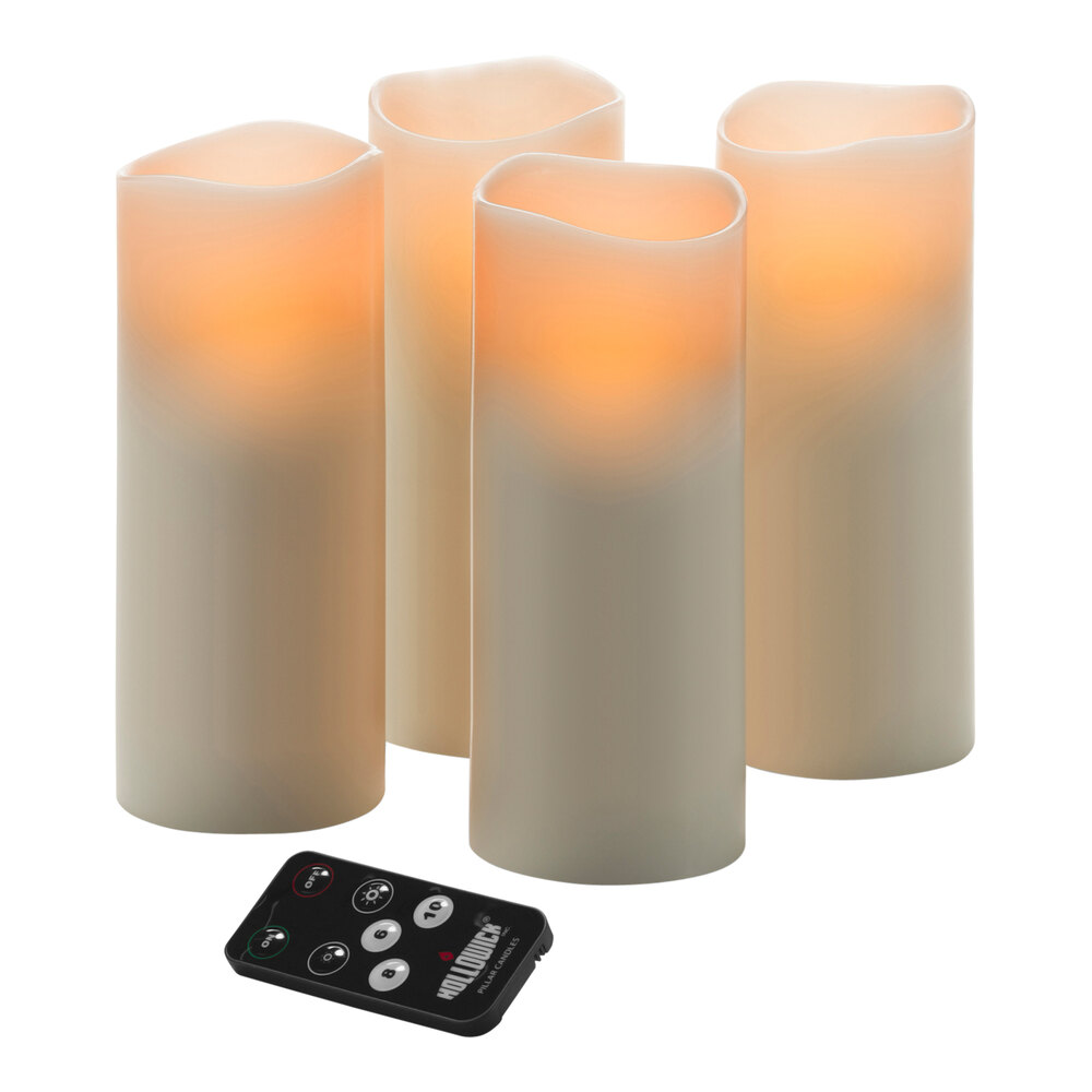 Hollowick 8" x 3" 4-Piece Ivory LED Wax Pillar Set with Magnetic Remote