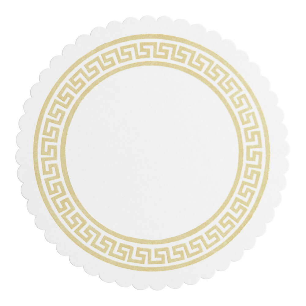 Hoffmaster 3 3/8" Round Scalloped Gold Greek Key Budgetboard Coaster ...