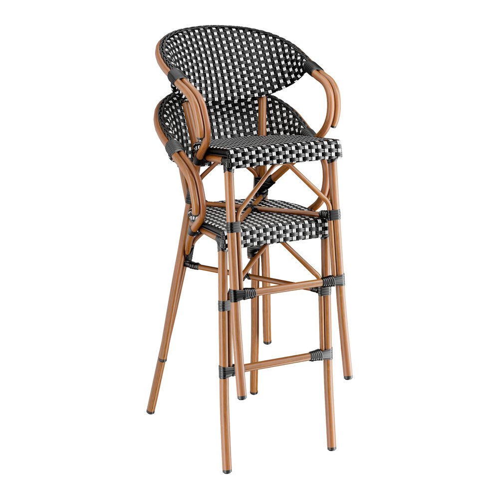 Black and White Checkered Weave Rattan Outdoor Arm Barstool