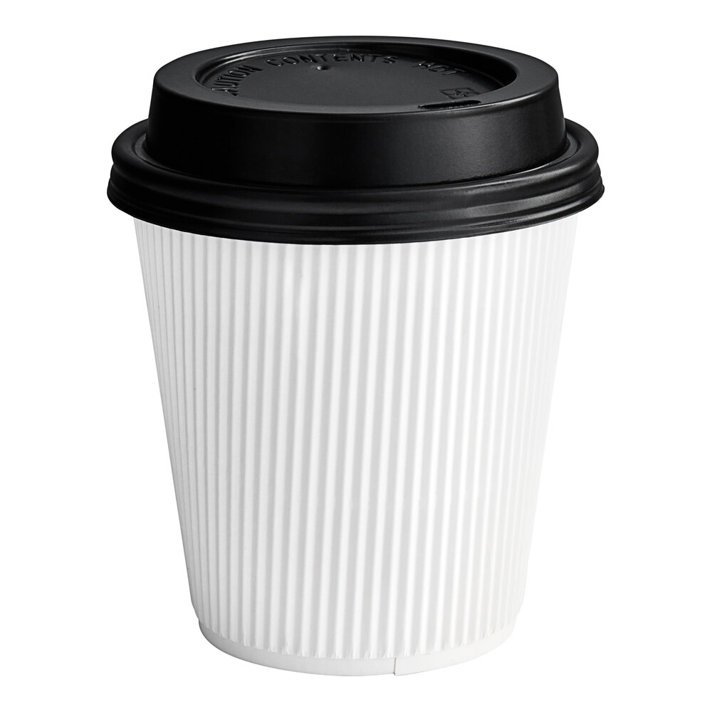 Choice 10 oz. Double Wall Ripple White Paper Hot Cup and Black Lid ...