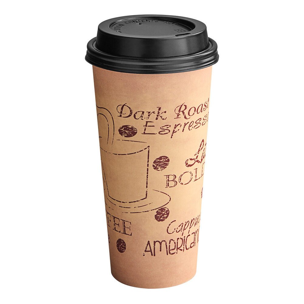 Choice 24 oz. Cafe Print Poly Paper Hot Cup and Lid - 100/Case