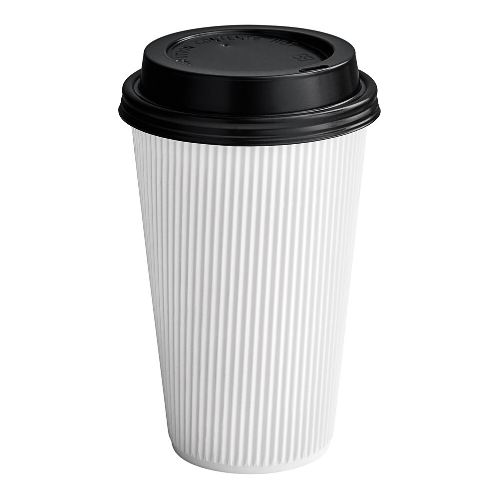 Choice 16 oz. Double Wall Ripple White Paper Hot Cup and Black Lid ...
