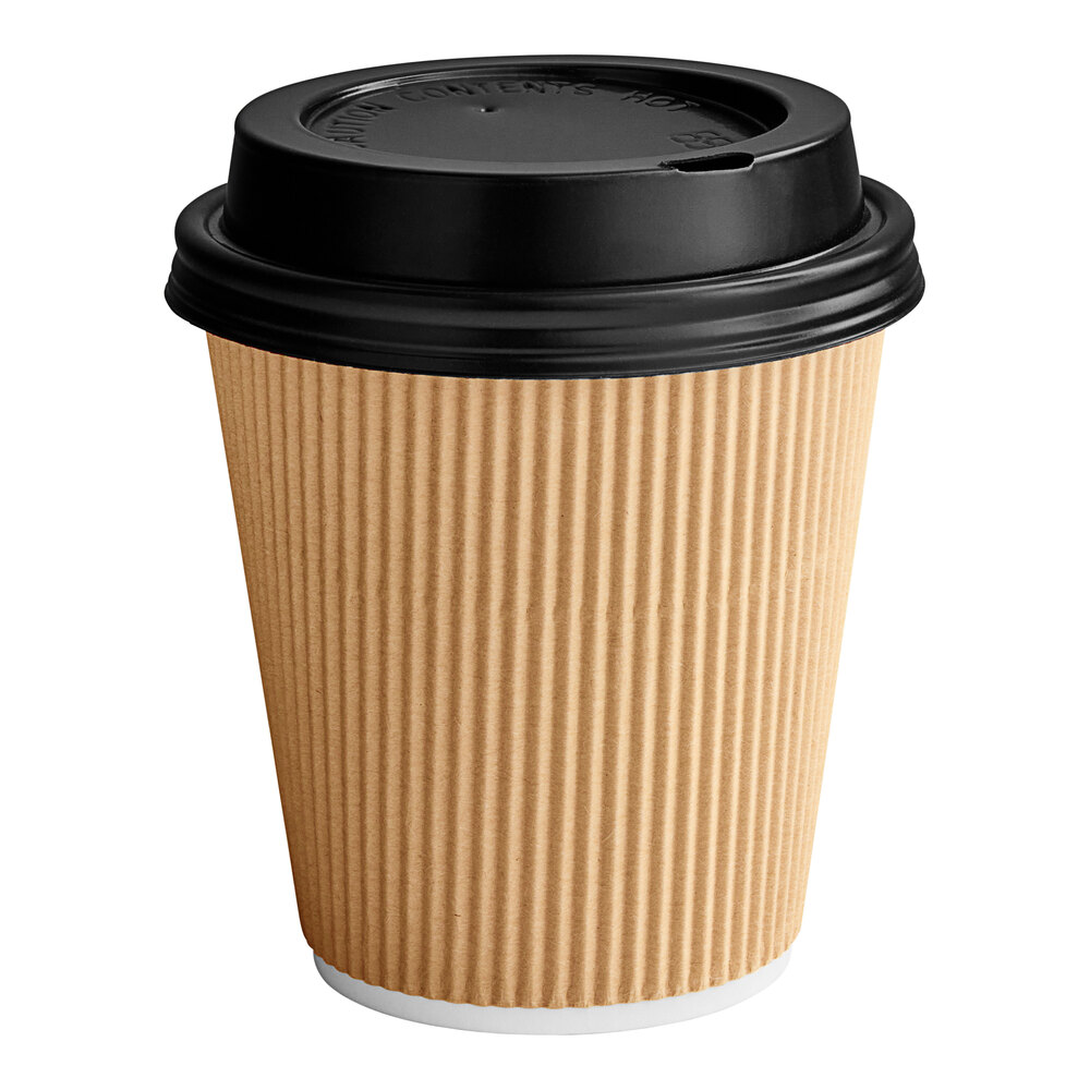 Choice 10 oz. Double Wall Ripple Kraft Paper Hot Cup and Black Lid ...