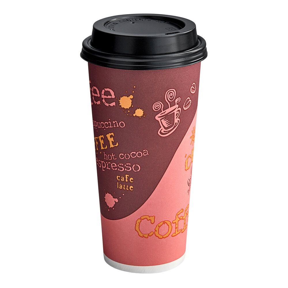 Choice 24 oz. Coffee Print Poly Paper Hot Cup and Lid - 100/Case