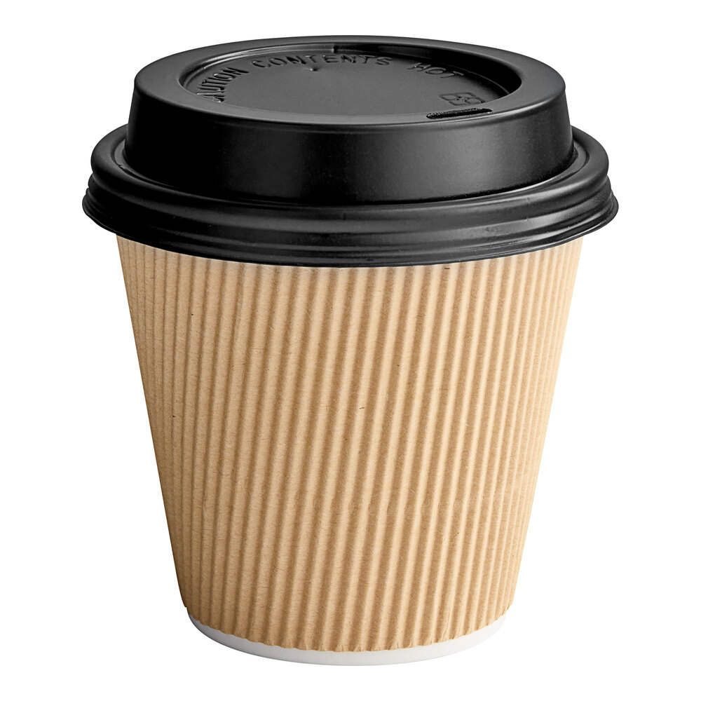 Choice 8 oz. Double Wall Ripple Kraft Paper Hot Cup and Black Lid - 100 ...