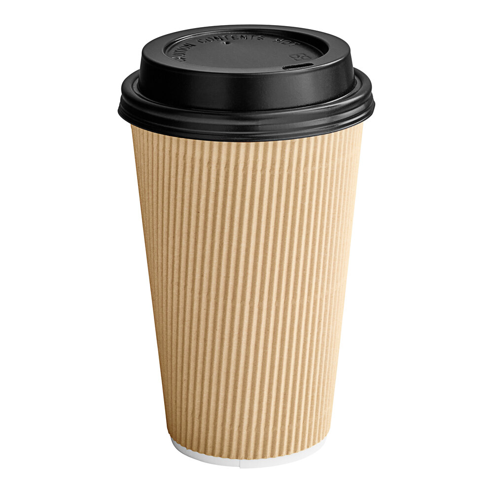 Choice 16 oz. Double Wall Ripple Kraft Paper Hot Cup and Black Lid ...