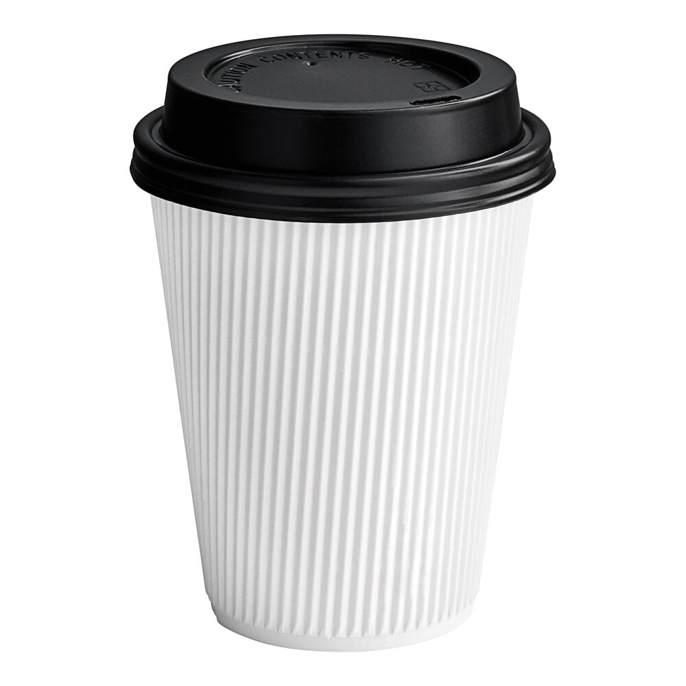 Choice 12 oz. Double Wall Ripple White Paper Hot Cup and Black Lid ...