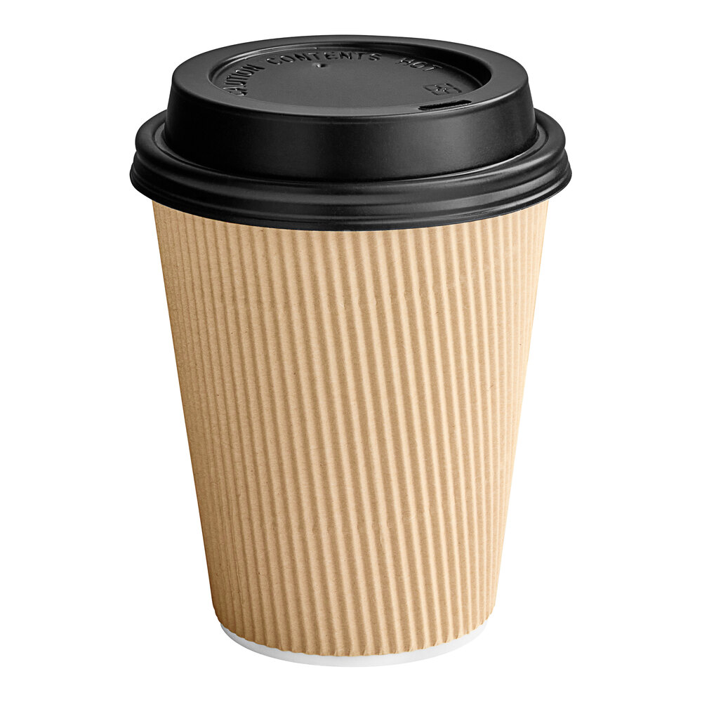 Choice 12 oz. Double Wall Ripple Kraft Paper Hot Cup and Black Lid ...