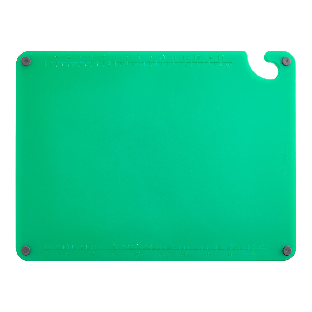 Choice 24" x 18" x 1/2" Green Cutting Board with Grips, Hook, and Rulers