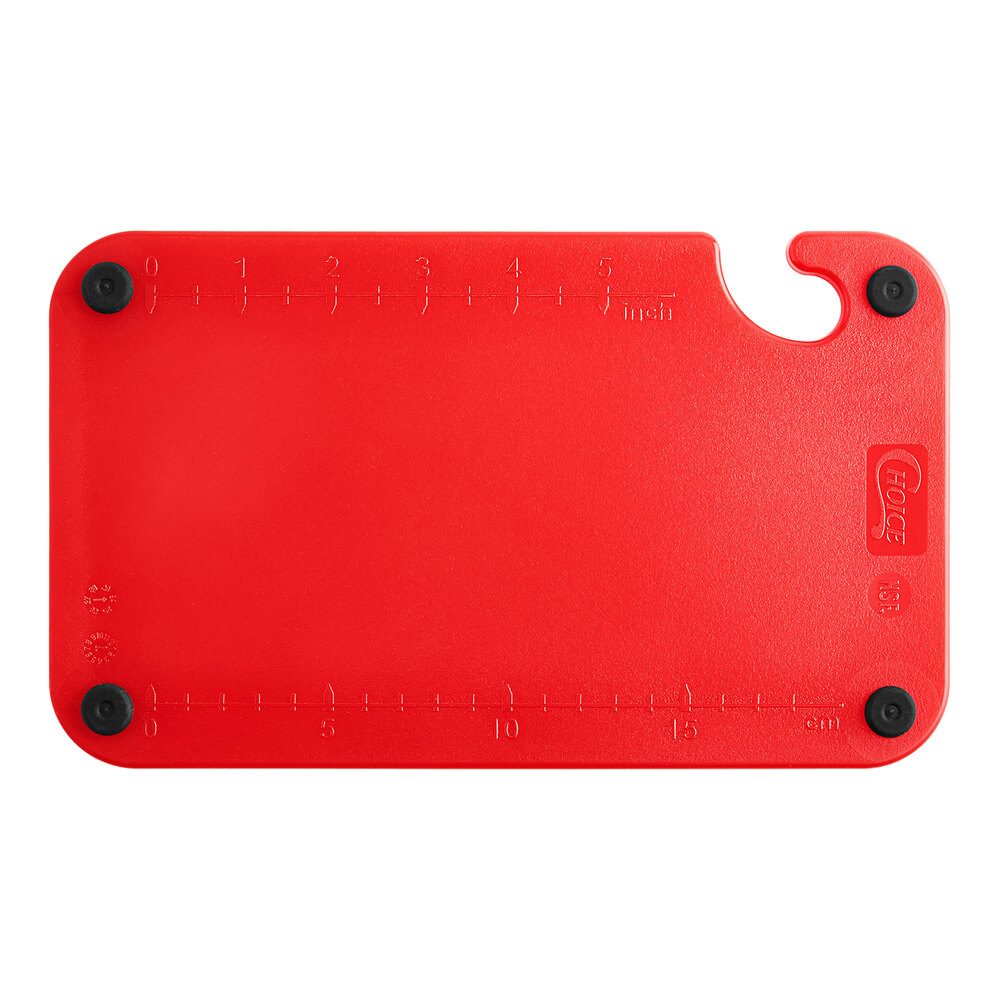 Choice 10" x 6" x 3/8" Red Cutting Board with Grips, Hook, and Rulers