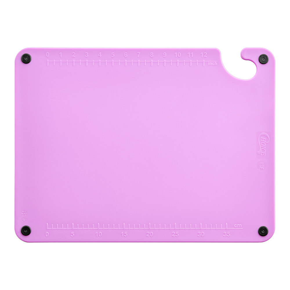 Choice 20" x 15" x 1/2" Purple Cutting Board with Grips, Hook, and Rulers