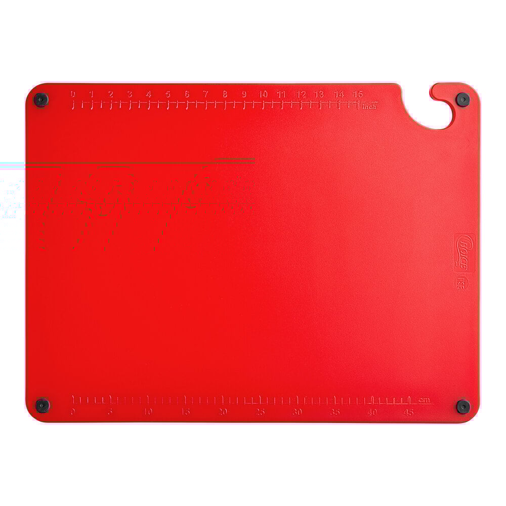 Choice 24" x 18" x 1/2" Red Cutting Board with Grips, Hook, and Rulers
