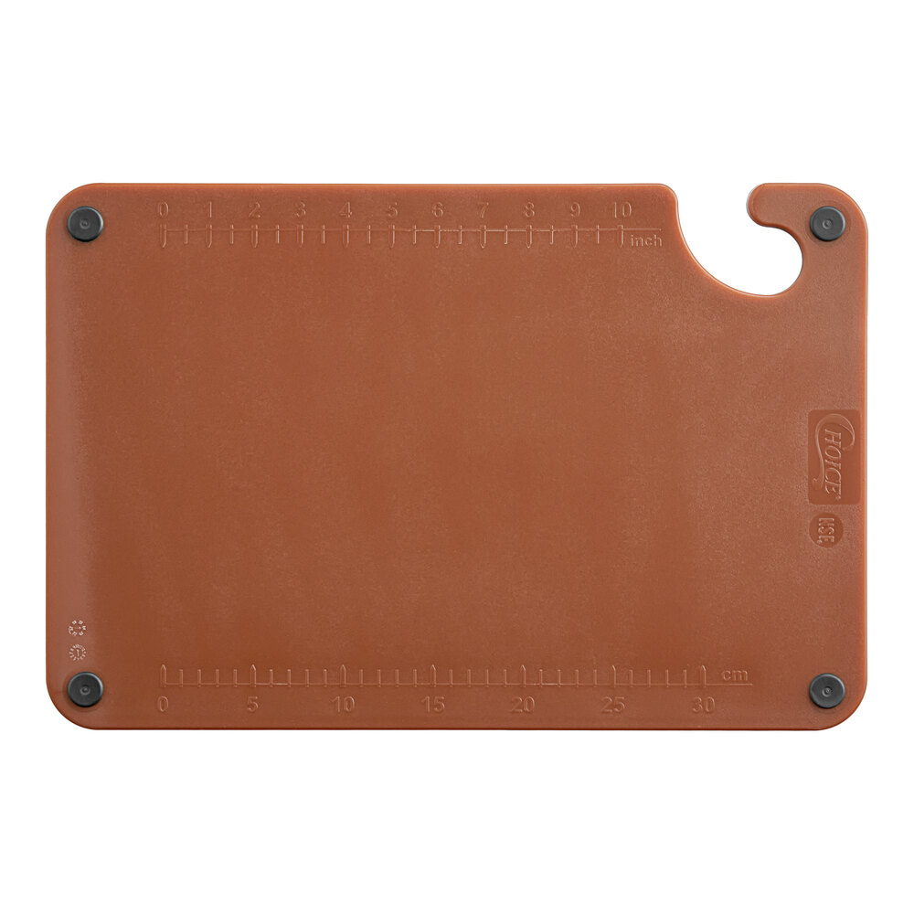 Choice 18" x 12" x 1/2" Brown Cutting Board with Grips, Hook, and Rulers