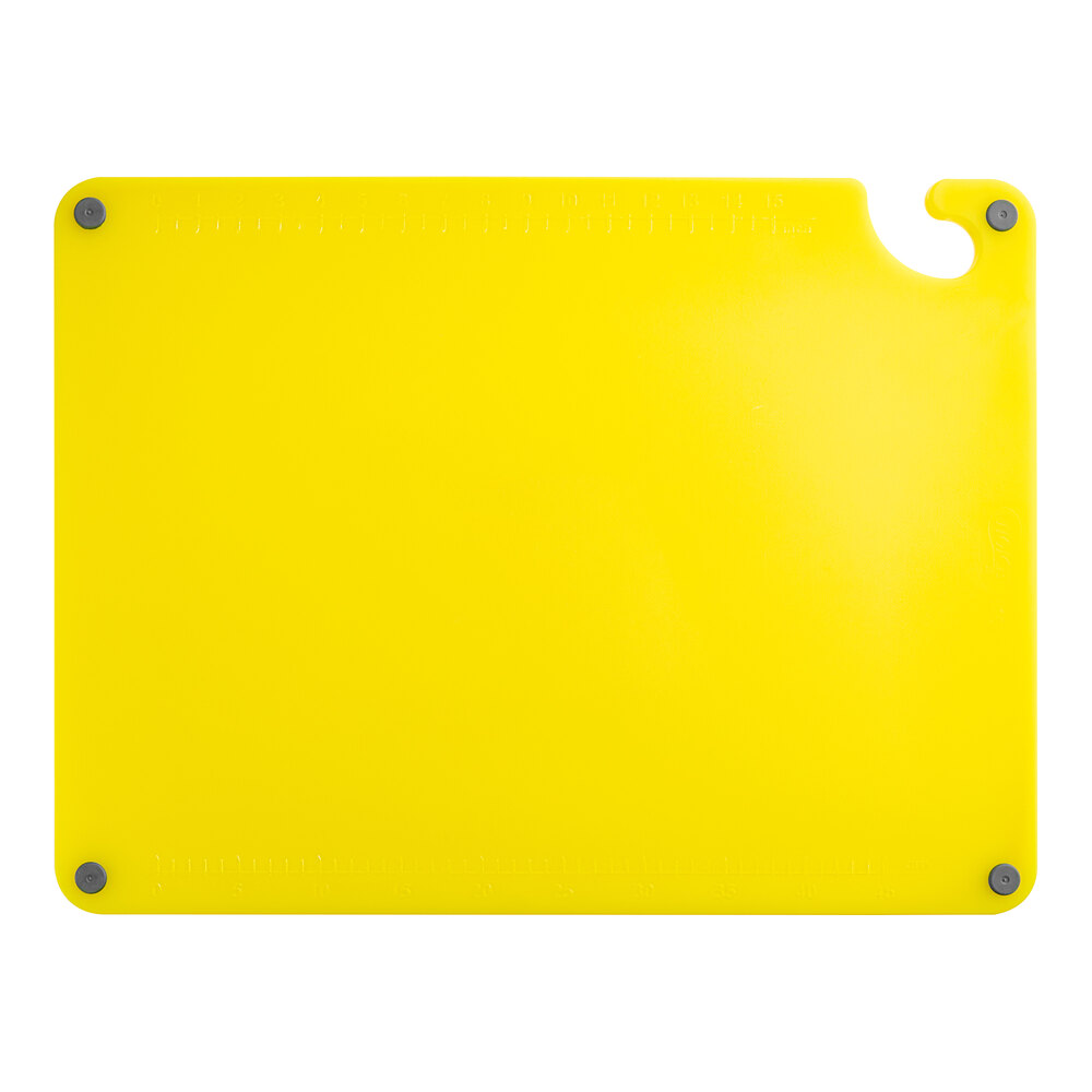 Choice 24" x 18" x 1/2" Yellow Cutting Board with Grips, Hook, and Rulers