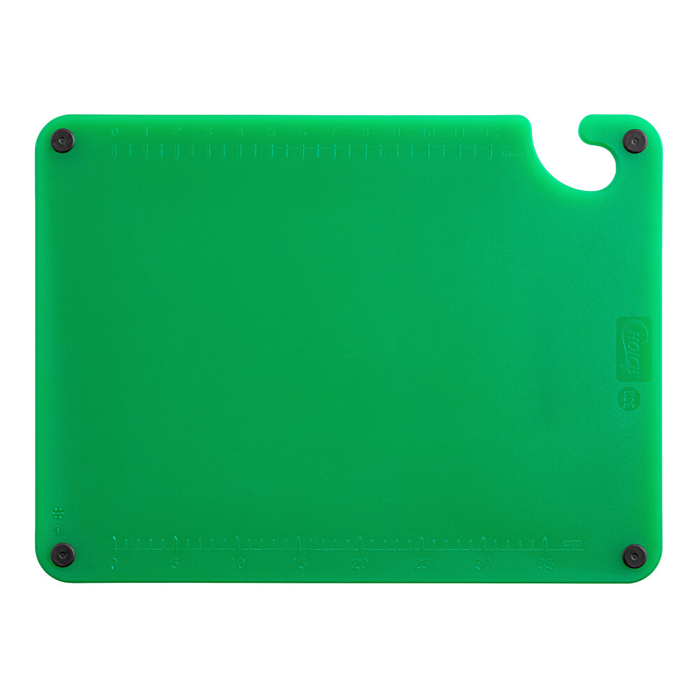Choice 20" x 15" x 1/2" Green Cutting Board with Grips, Hook, and Rulers