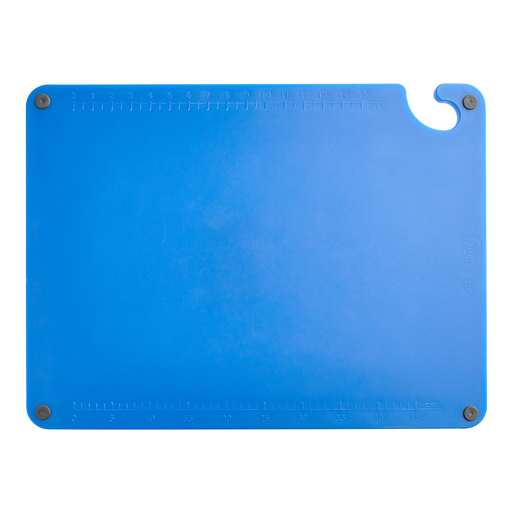 Choice 24" x 18" x 1/2" Blue Cutting Board with Grips, Hook, and Rulers
