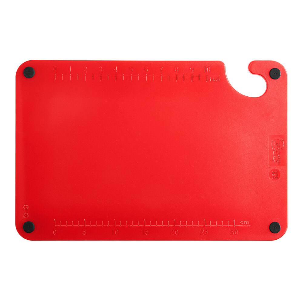 Choice 18" x 12" x 1/2" Red Cutting Board with Grips, Hook, and Rulers