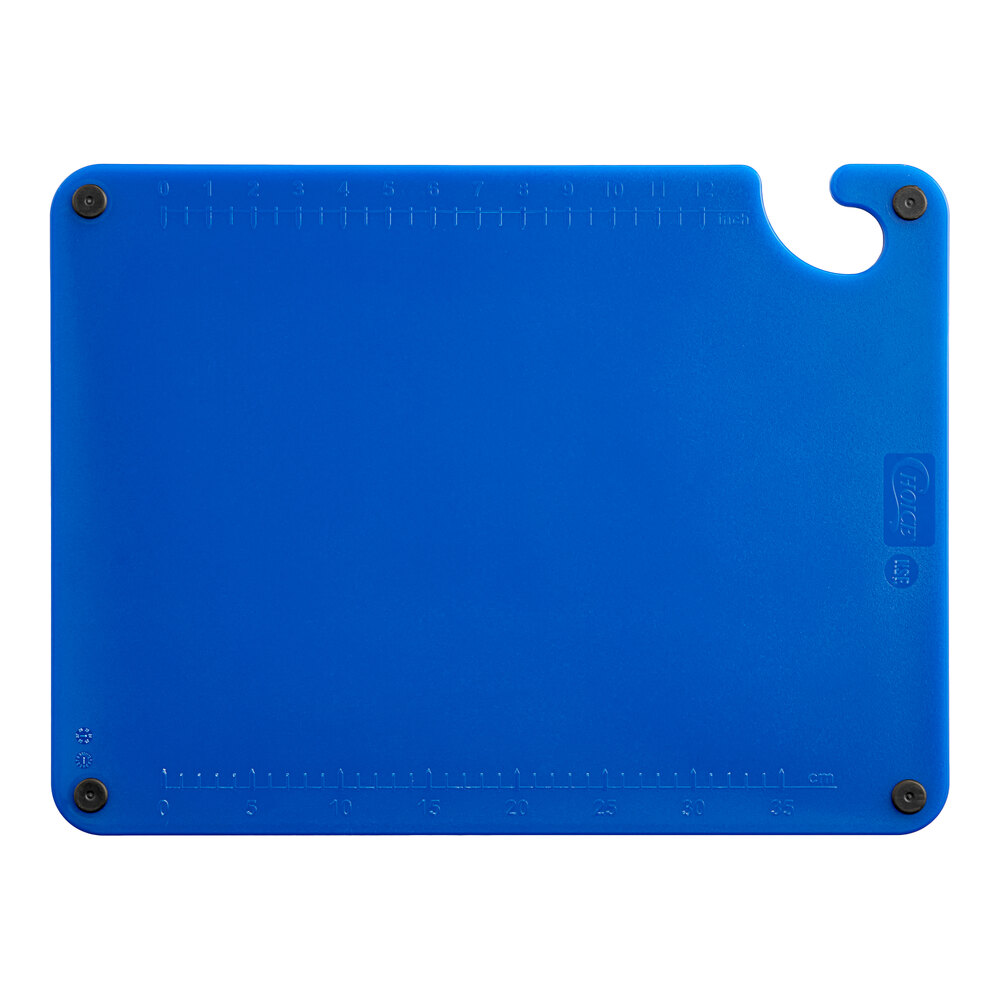 Choice 20" x 15" x 1/2" Blue Cutting Board with Grips, Hook, and Rulers