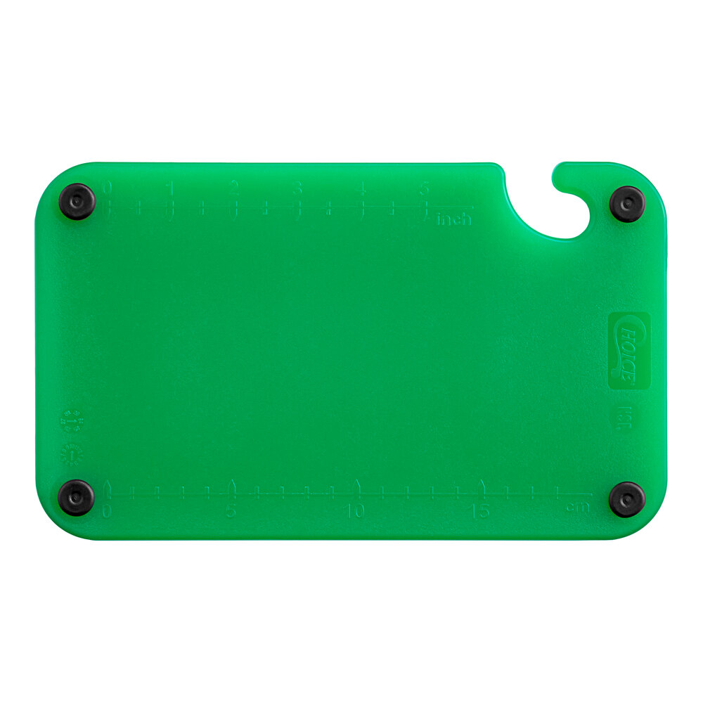 Choice 10" x 6" x 3/8" Green Cutting Board with Grips, Hook, and Rulers