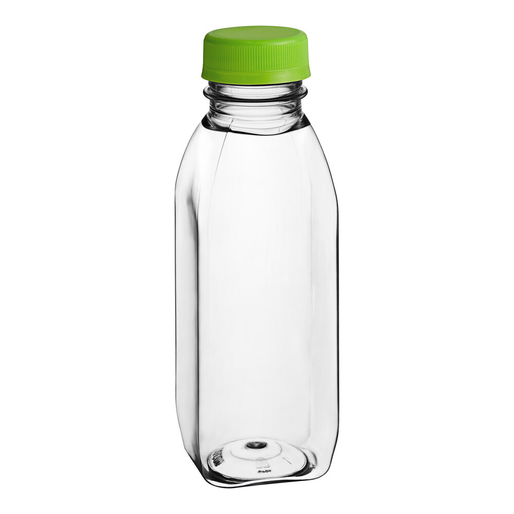 12 oz. Square Milkman PET Clear HPP Juice Bottle with Lime Green Lid