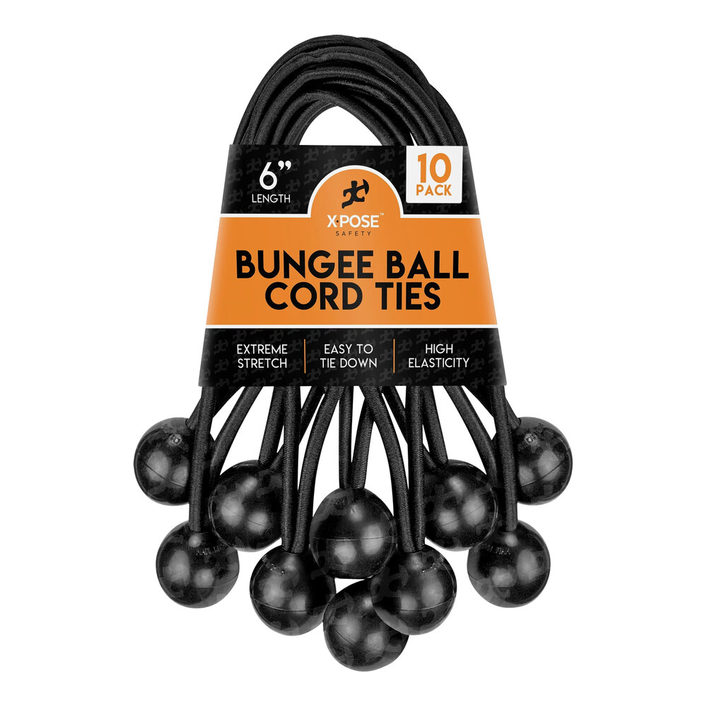 Xpose Safety 6" Black Heavy-Duty Bungee Ball Cords BB-6B-10 - 10/Pack