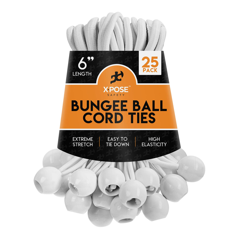 Xpose Safety 6" White Heavy-Duty Bungee Ball Cords BB-6W-25 - 25/Pack