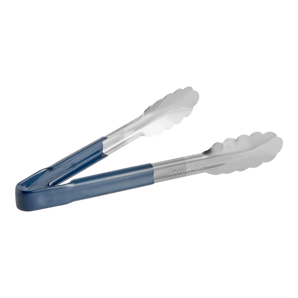 Fourté 9 1/2" Blue Coated Handle Stainless Steel Scalloped Tongs