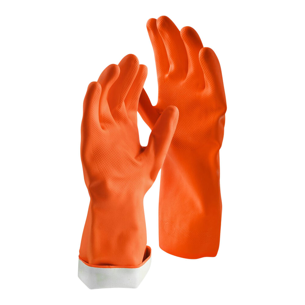 Libman 13" Orange 25 Mil Premium Latex Rubber Gloves with Flock Lining ...