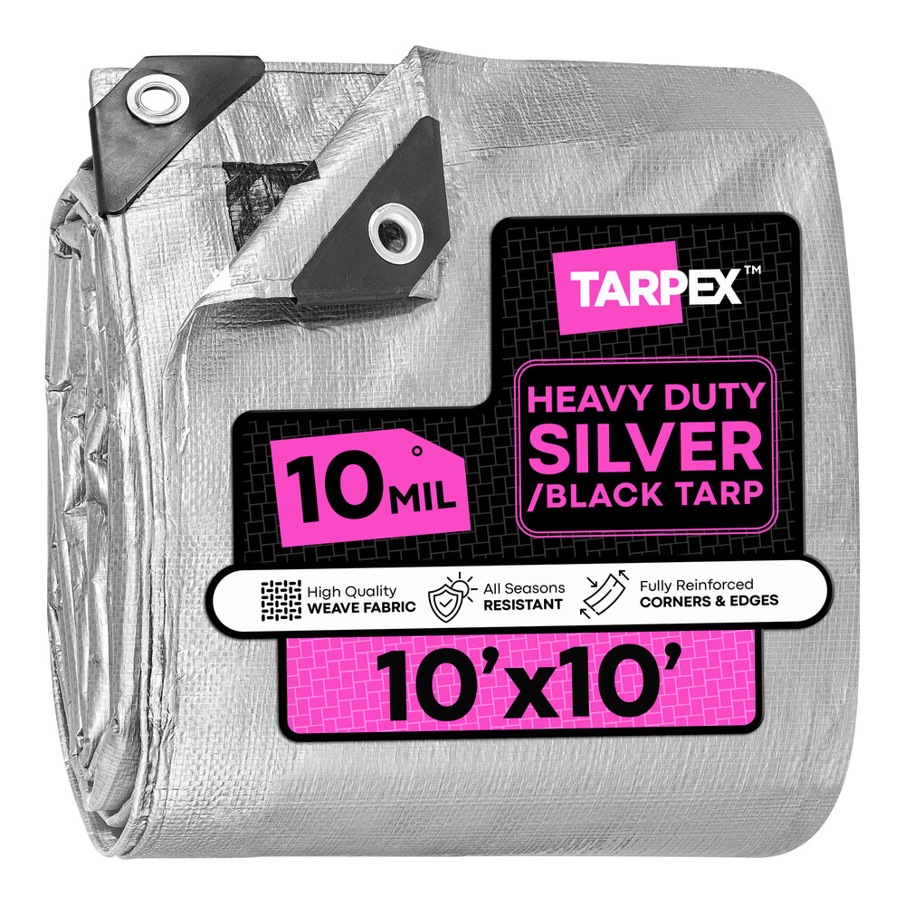Tarpex 10' x 10' Silver / Black Heavy-Duty Weatherproof 10 Mil ...