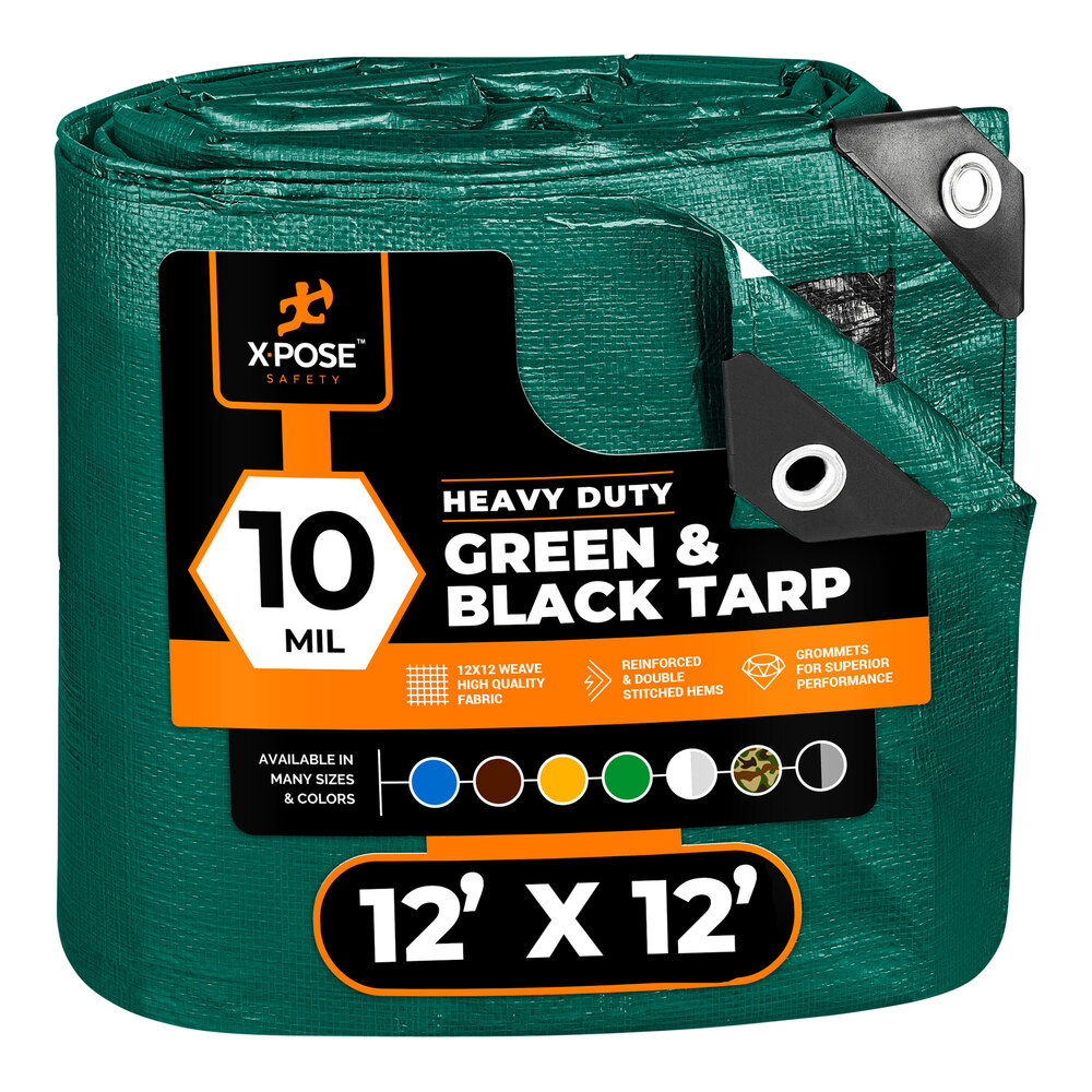 Xpose Safety 12' x 12' Green / Black Heavy-Duty Weatherproof 10 Mil ...